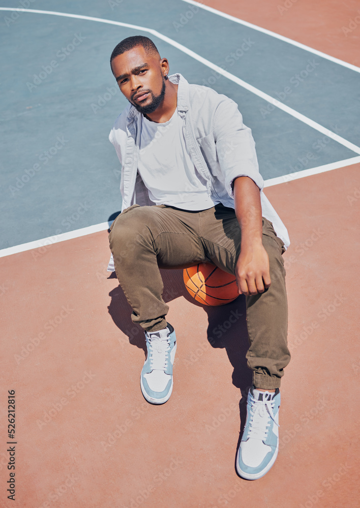 Fashion, basketball court and model influencer or man posing on a court ...