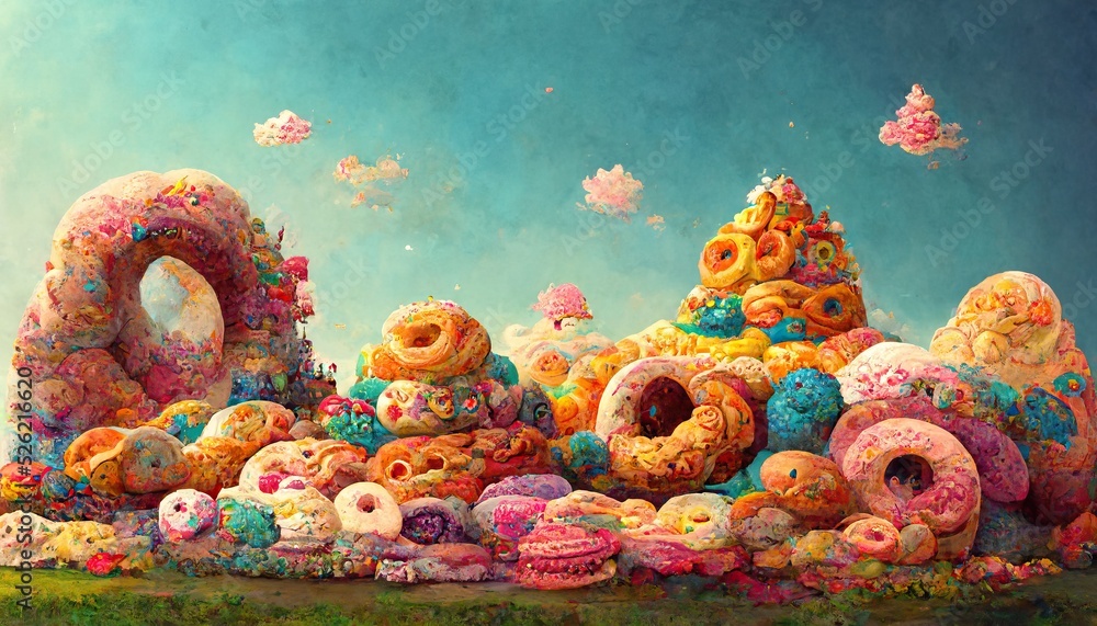 Fantasy donut land with desserts and sweets doughnut candyland, sweet sugar icing and glazed ...