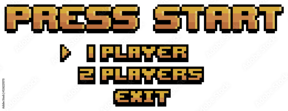 Pixel art game start menu, press start, select players and exit vector ...