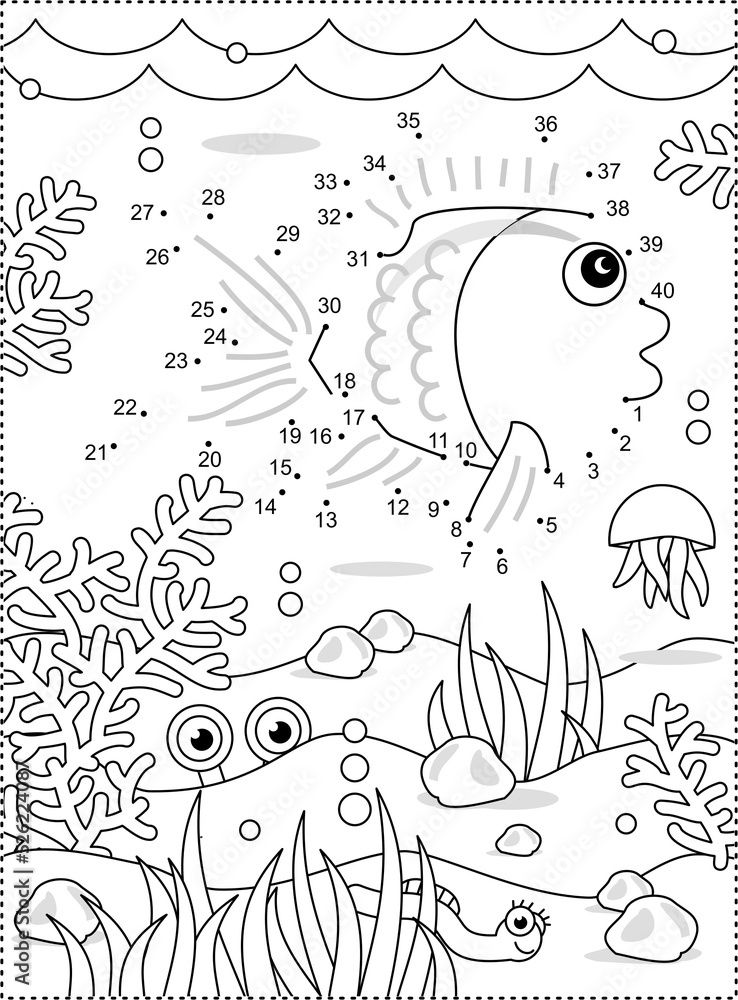 Fish dot-to-dot activity and coloring page. Full-page underwater scene ...
