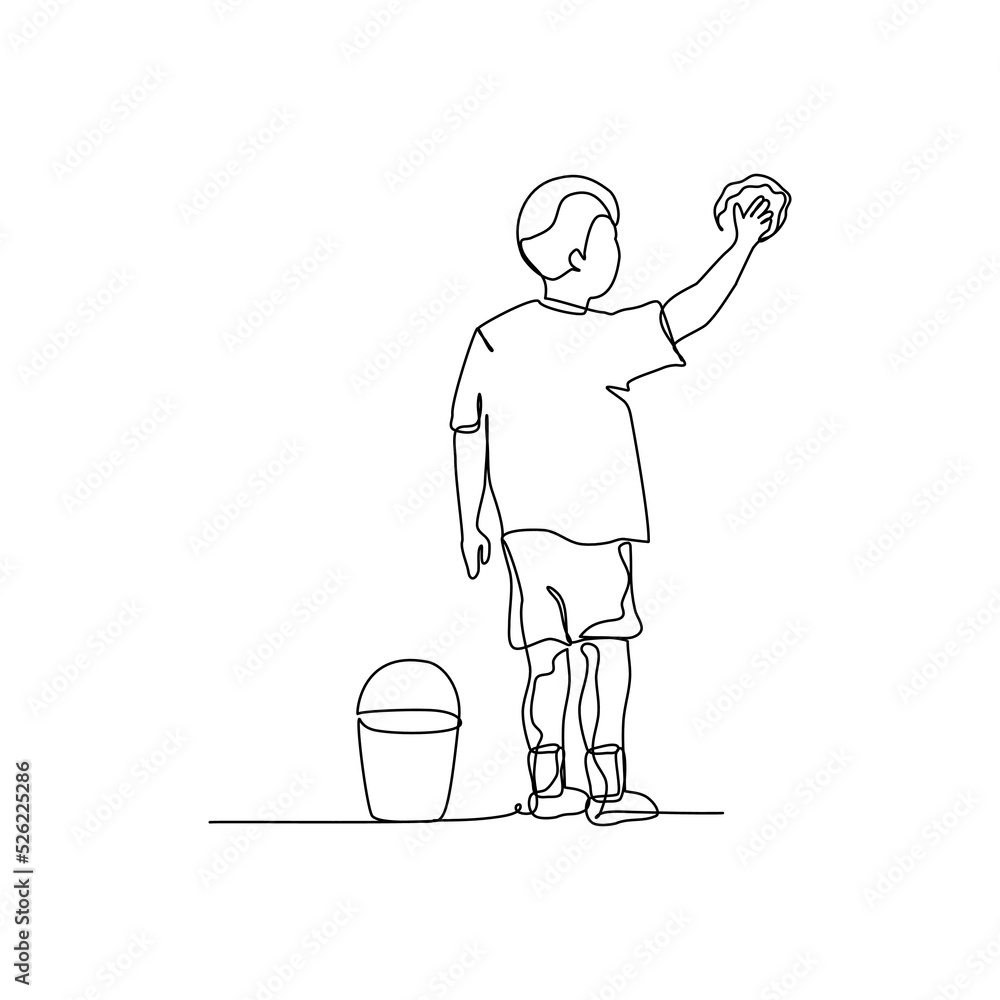 One continuous line of a boy is wiping with a wet cloth. Minimalist ...