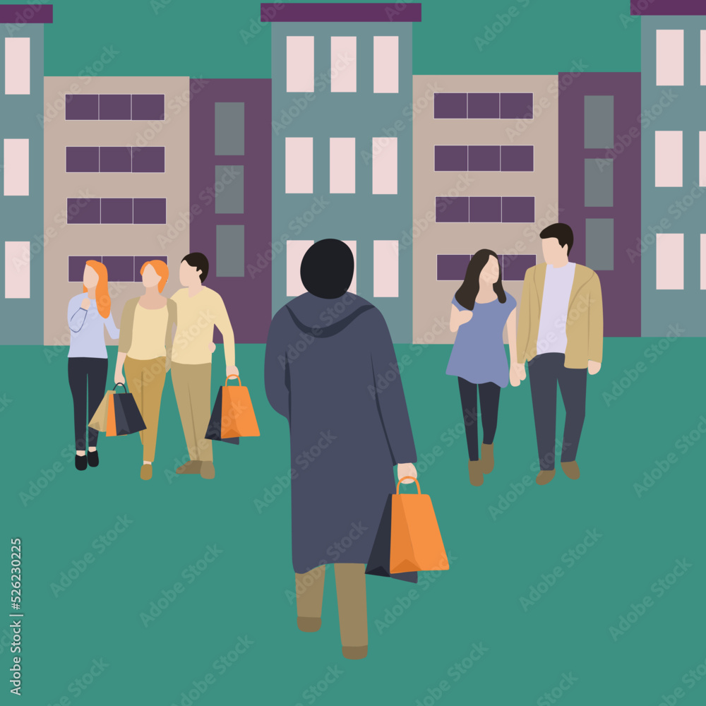 Creative Vector illustration drawing of a man carrying shopping bags in ...