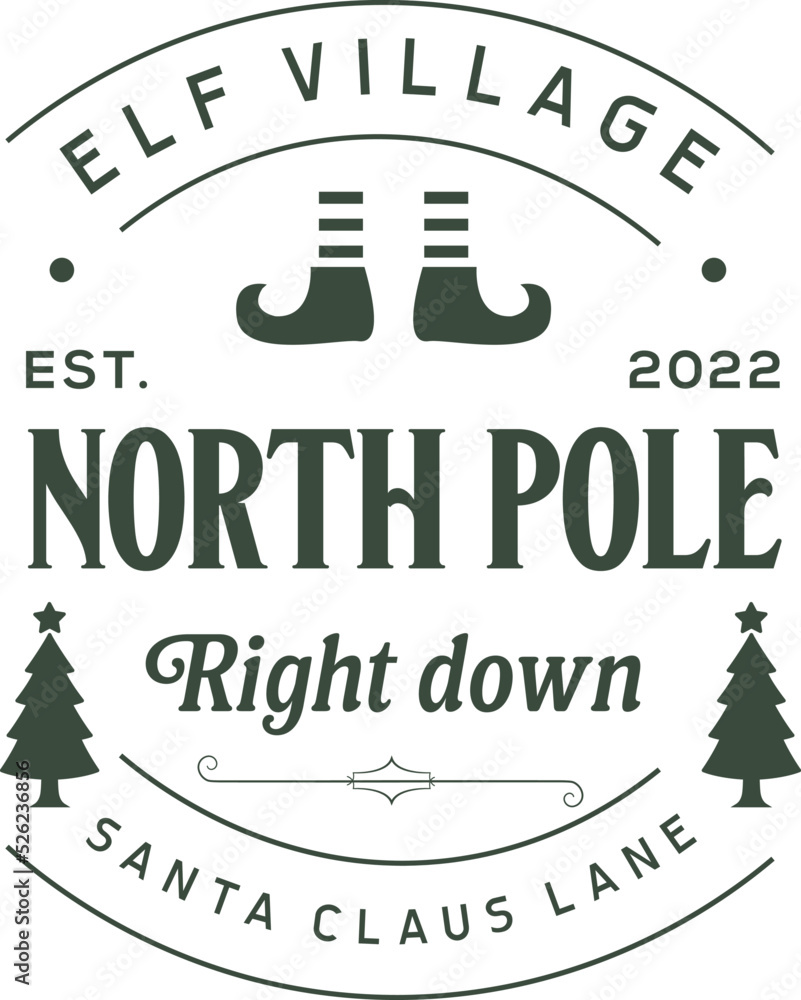 Elf village north pole. Christmas vintage retro typography labels ...