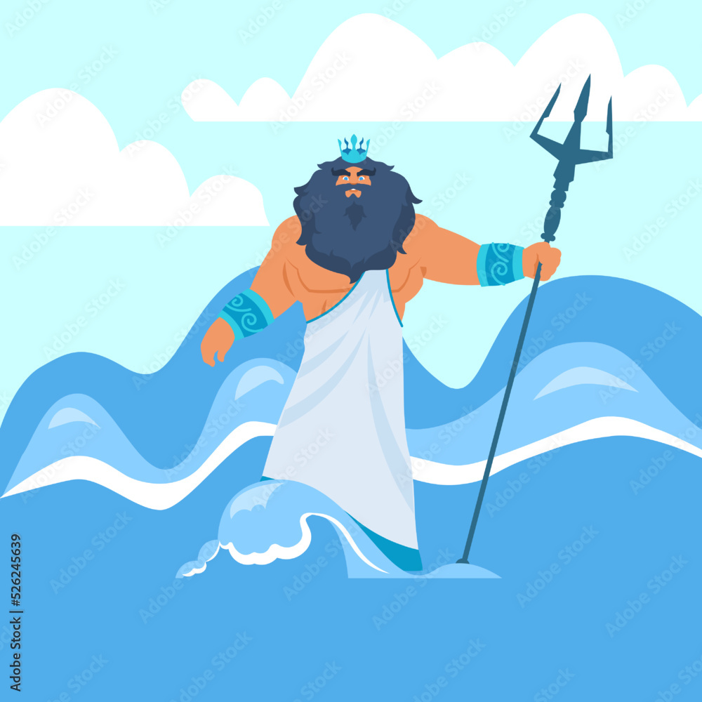Cartoon Greek god. Poseidon with trident. Ocean waves. Neptune in sea ...