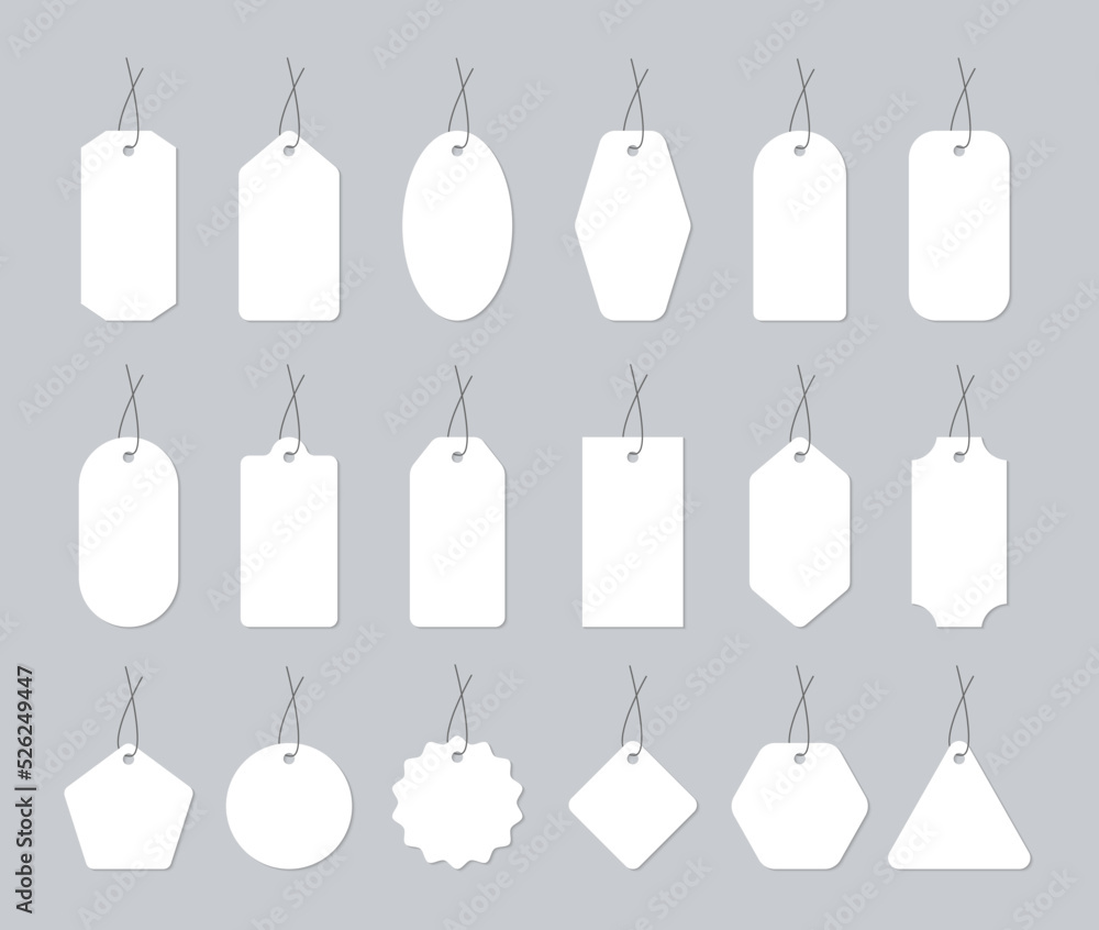 Blank paper price tags. Set of labels in various shapes. Collection ...