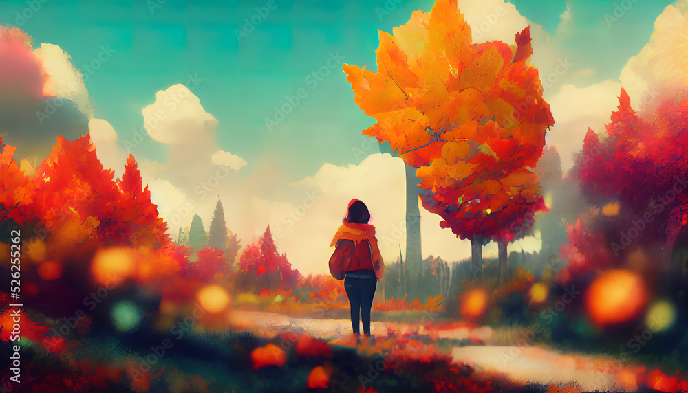 Girl in a forest during fall season. Anime, manga, cartoon digital ...