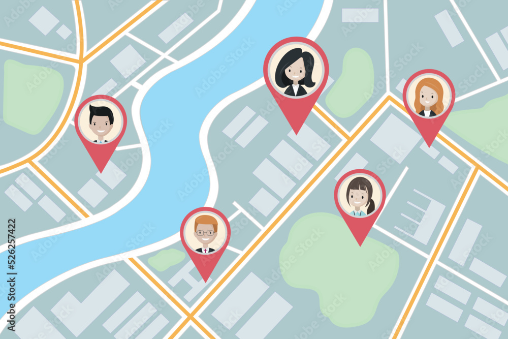 Map with pin markers showing GPS location of people or friends around ...