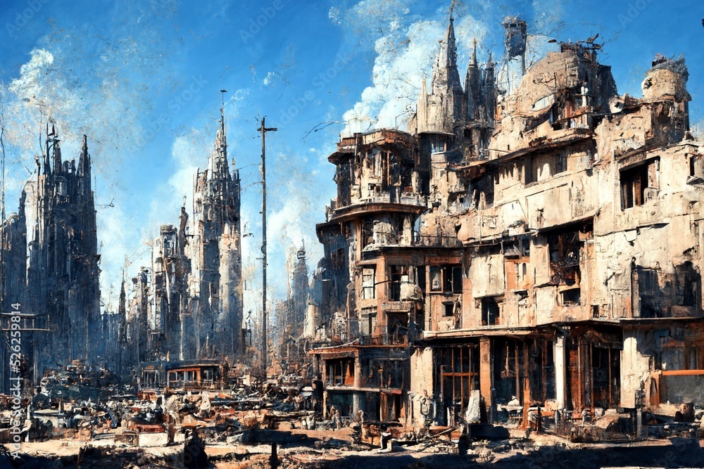 An imaginary city destroyed by war and turned into a ghost town. Stock ...
