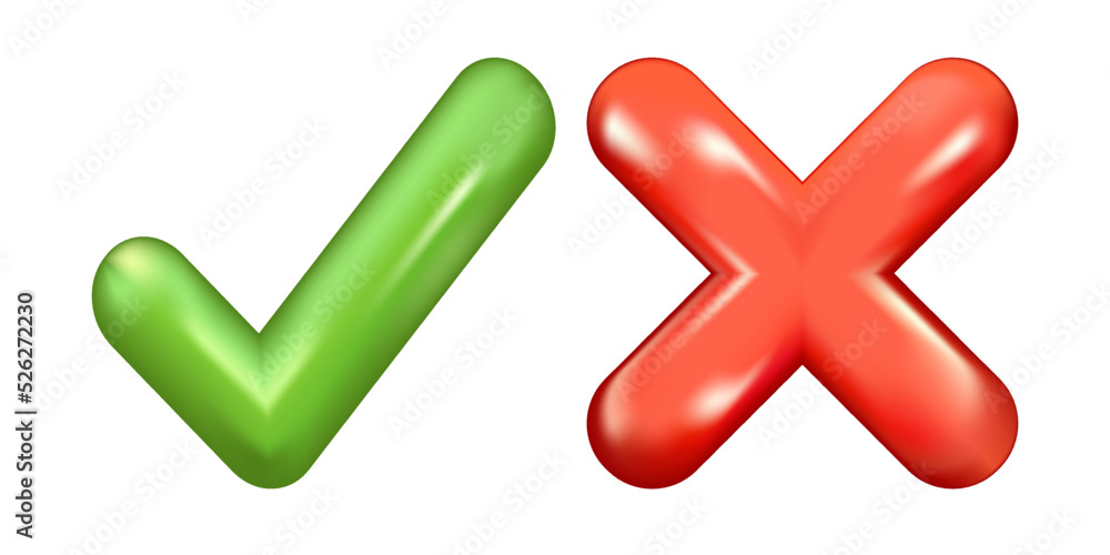 Vetor de 3D Right and Wrong Button Shape. Green Yes and Red No Correct Incorrect Sign. Checkmark ...