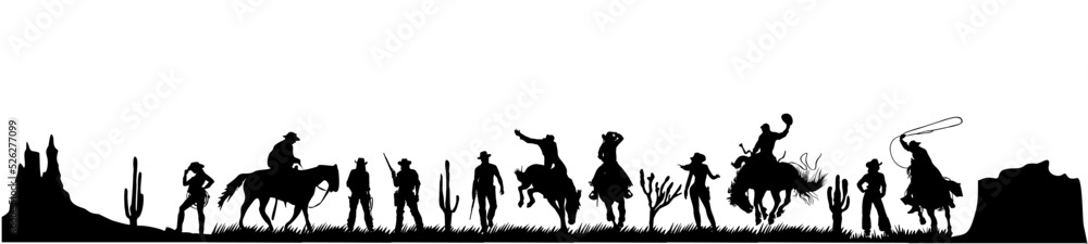 Wild west silhouettes - cowboys, cowgirls, riders, rocks, cactus ...