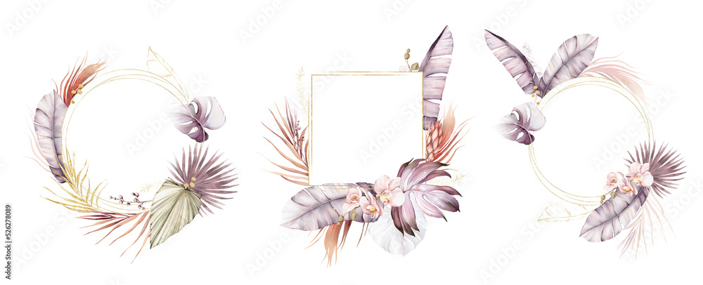Watercolor tropical frames set, invitation design for wedding or ...