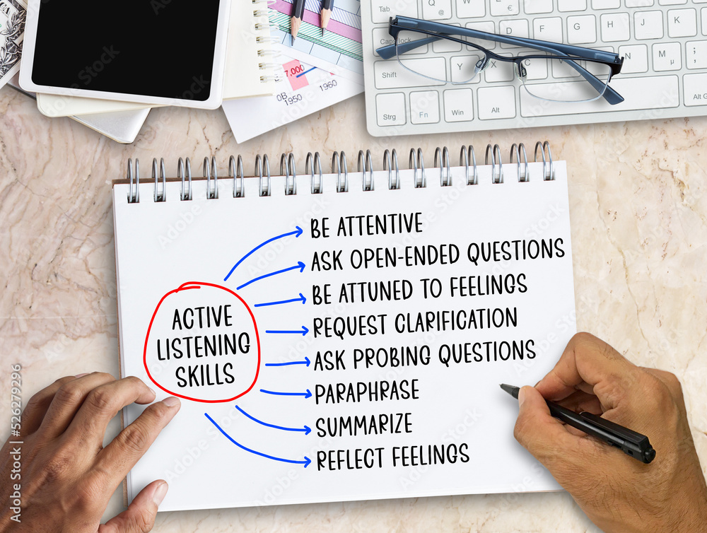 Top view with Active Listening Skills Method text in notebook Stock ...