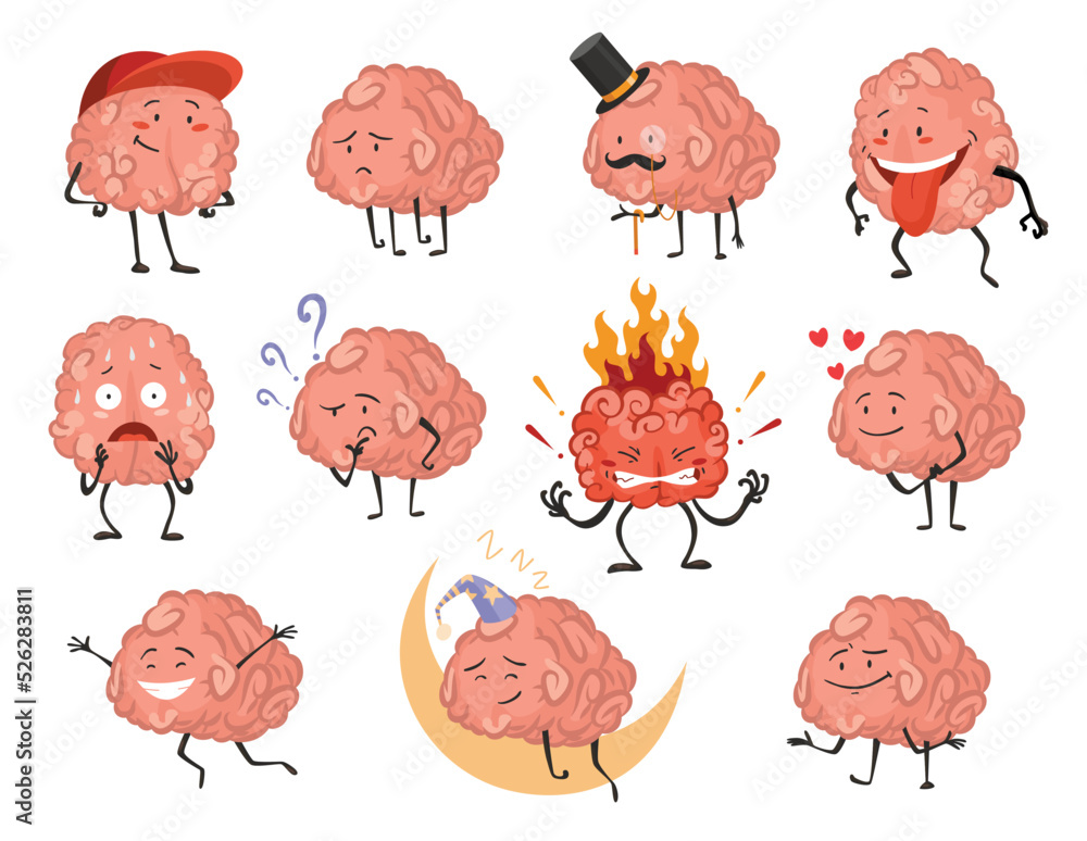 Brain character emotion. Intelligence emoji slipping loving or smiling ...