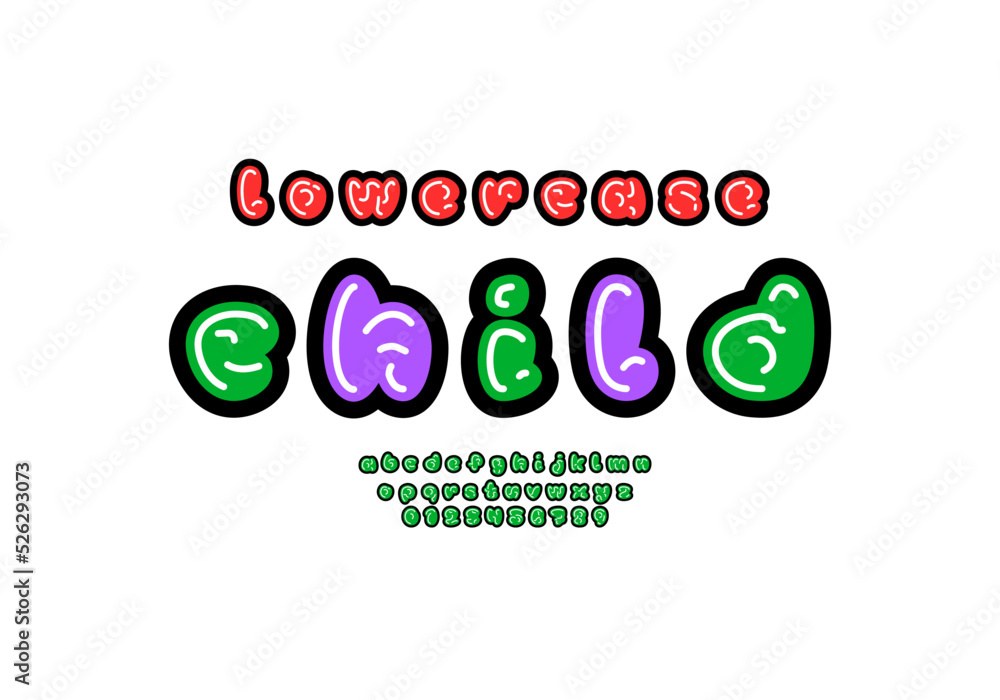 Comic font, round alphabet in the cartoon style, letters and numbers ...