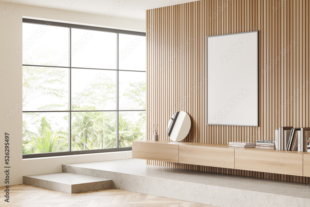 Stylish living room interior with wooden drawer, window and mockup ...