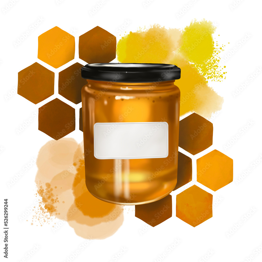 honey composition. watercolor realistic illustration of honey, flowers ...