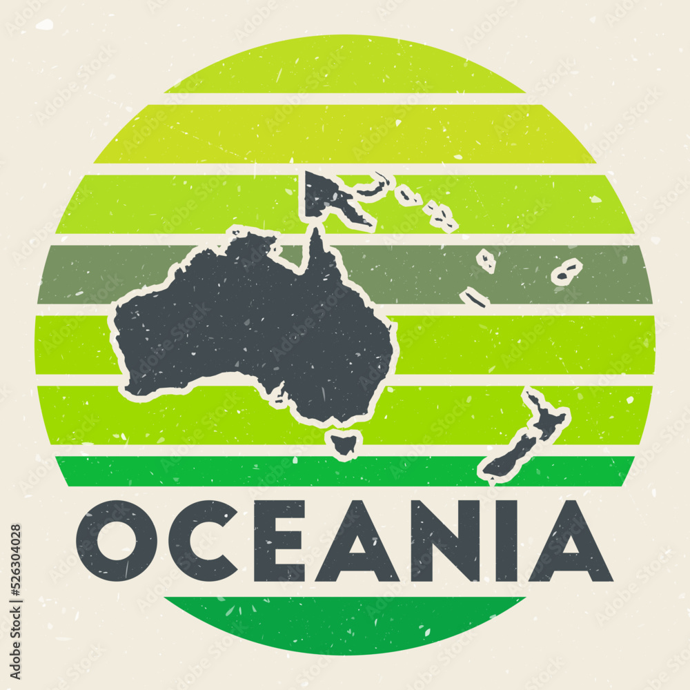 Oceania logo. Sign with the map of continent and colored stripes ...