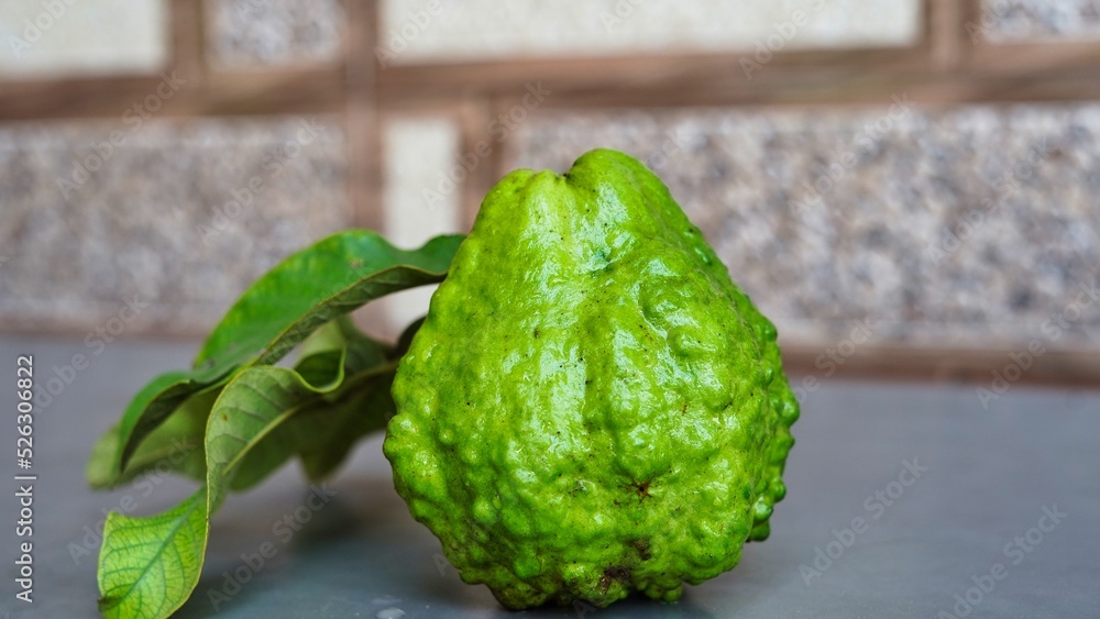 A fresh Guava fruit with green leaf on wood table background. Rough ...