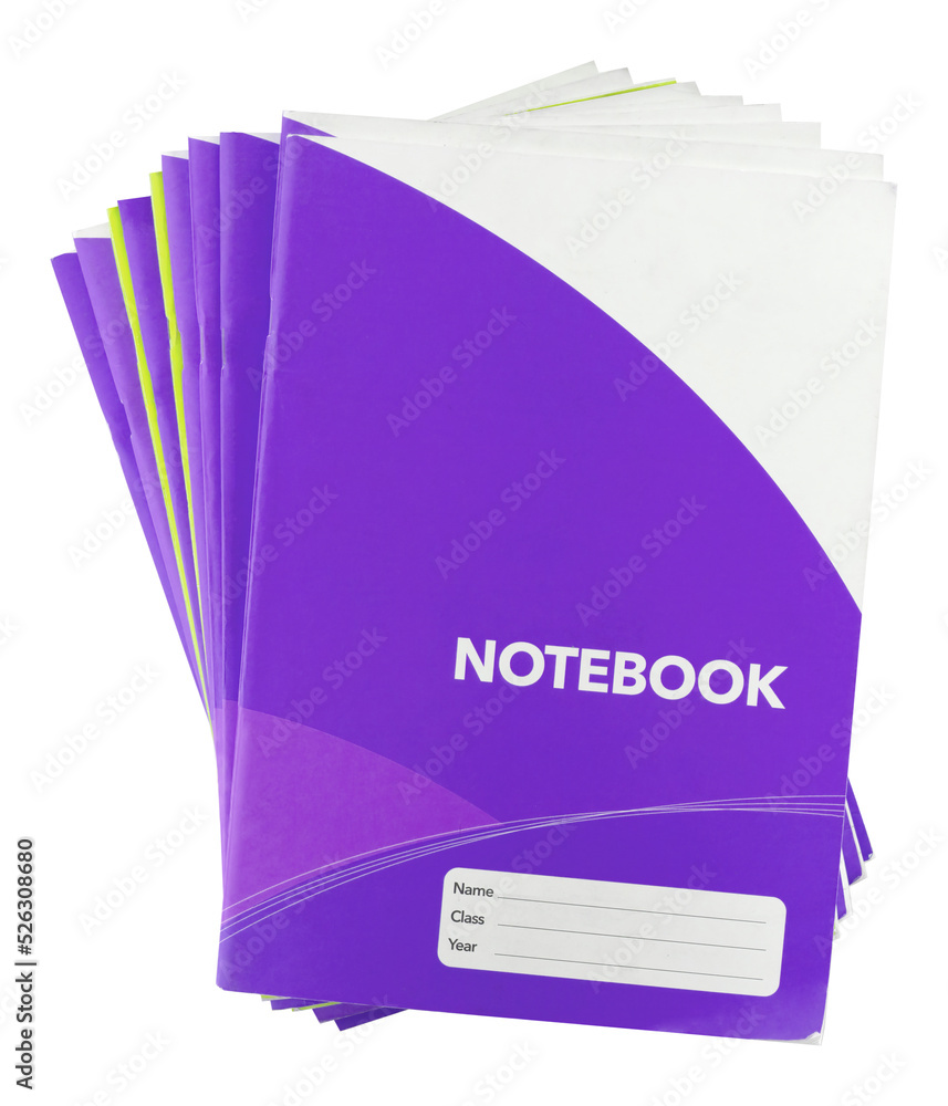 Cutout of an isolated stack of used purple school notebooks with a top ...