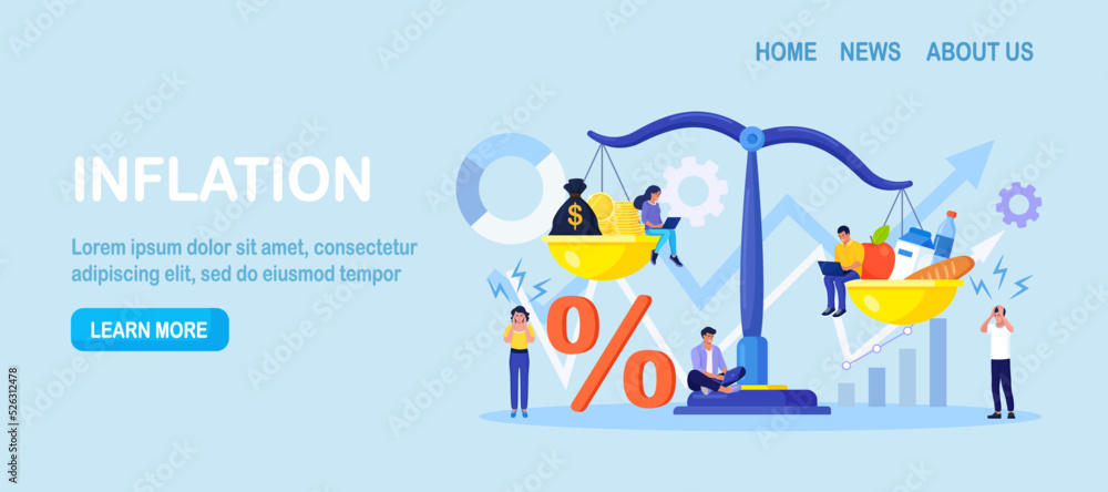 Inflation in economy. Scales with food and gold coins. Goods and ...