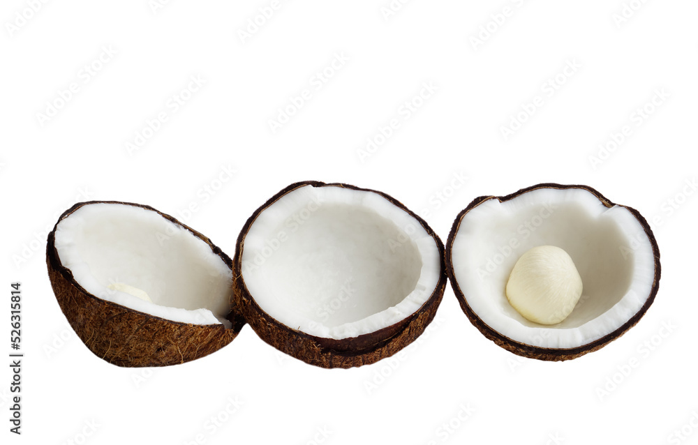 Half cut coconut fruits to show inside meat isolated on white ...