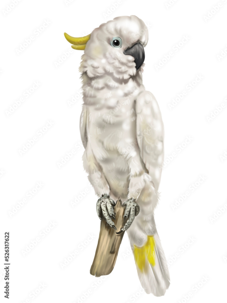 Sulphur-crested cockatoo. White parrot watercolor illustration ...