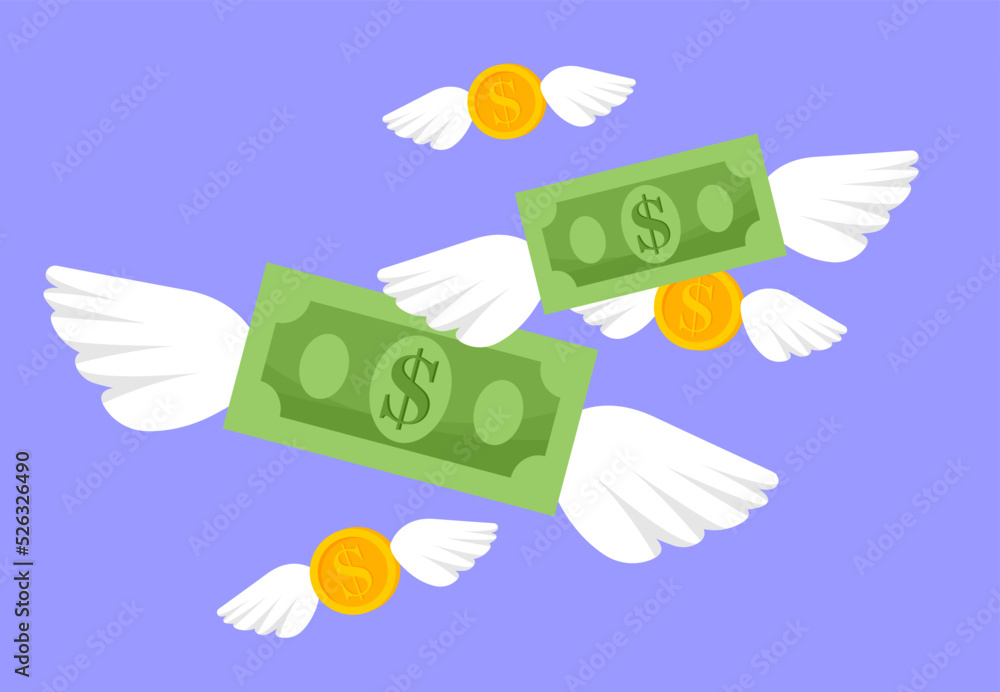 dollar with wings. coins and dollars. Gold coins stack concept ...
