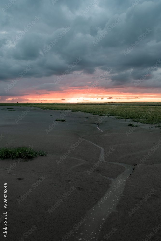 Sonnenuntergang in den Salzwiesen von Langwarder Groden, ein ...