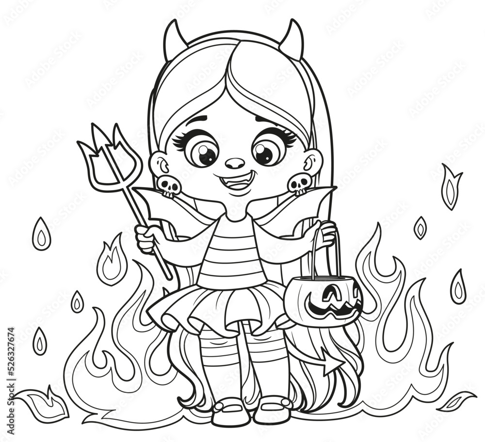Cute cartoon long haired girl in a Halloween devil costume with pumpkin ...