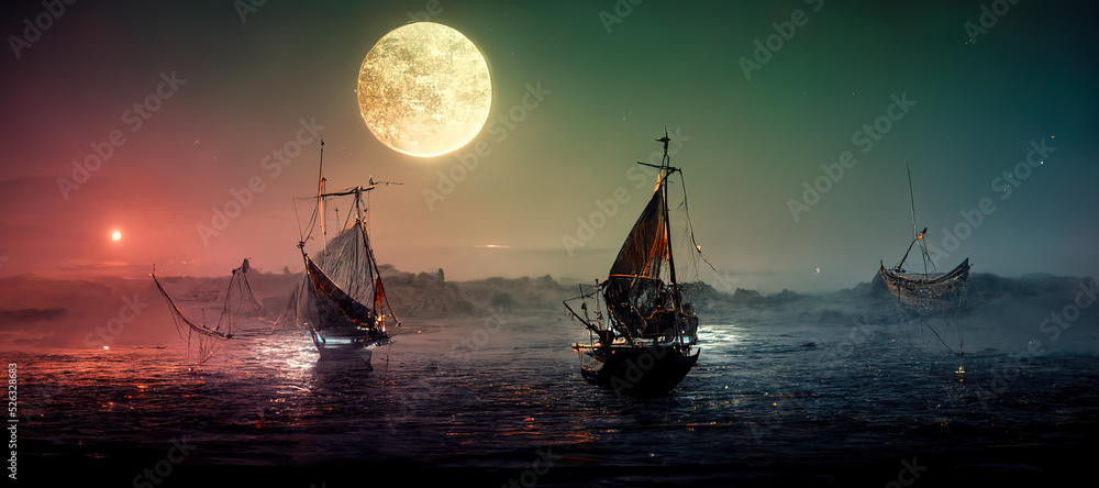Spectacular digital art 3D illustration of a nighttime scene with a ...