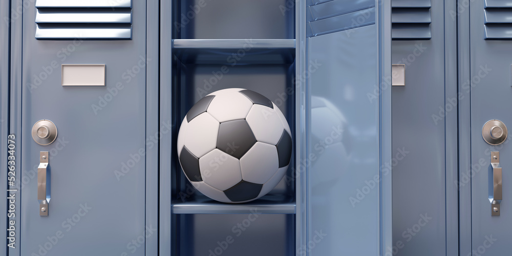 Soccer ball in an open Gym locker. Football athletes change room, close ...