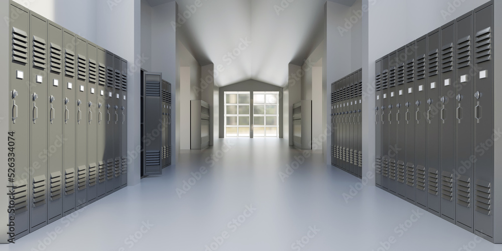 High school hallway locker. Education building interior, empty corridor ...