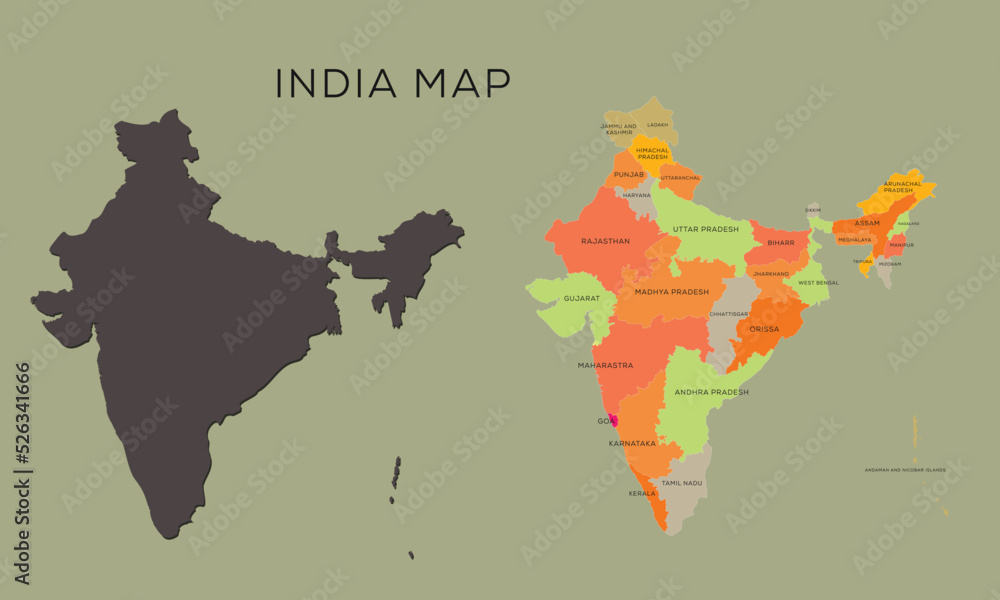 High detailed vector map of India. Borders and names of the provinces ...