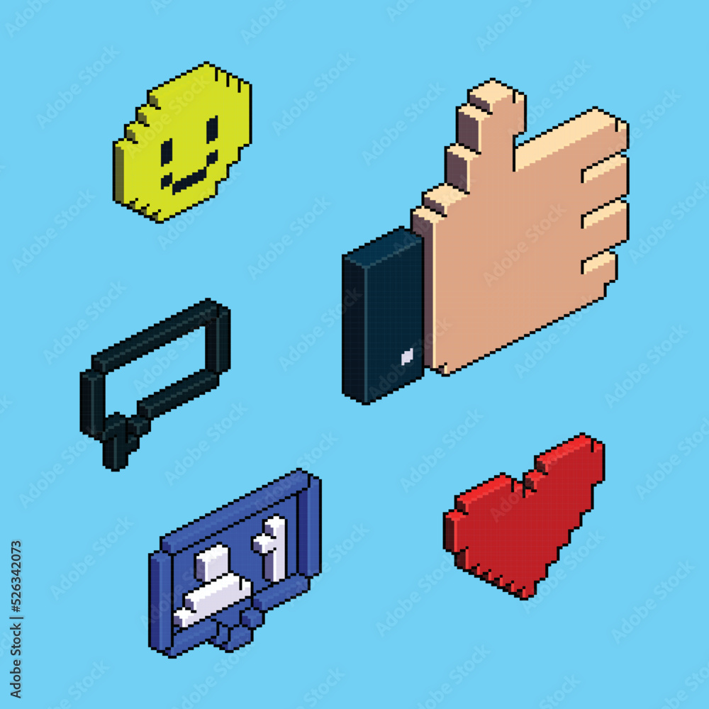 Pixel art vector social icons set. Interaction, reaction, red heart ...