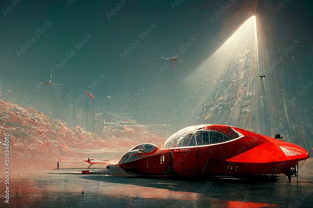 red flying car in the futuristic city on alien planet, 3d rendering and ...