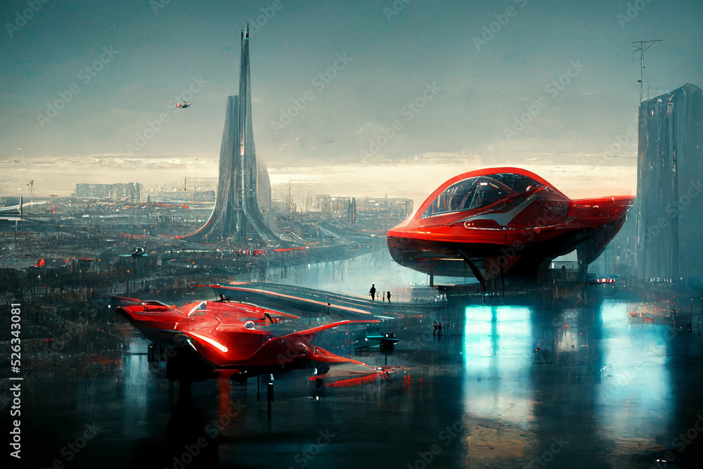 red flying car in the futuristic city on alien planet, 3d rendering and ...