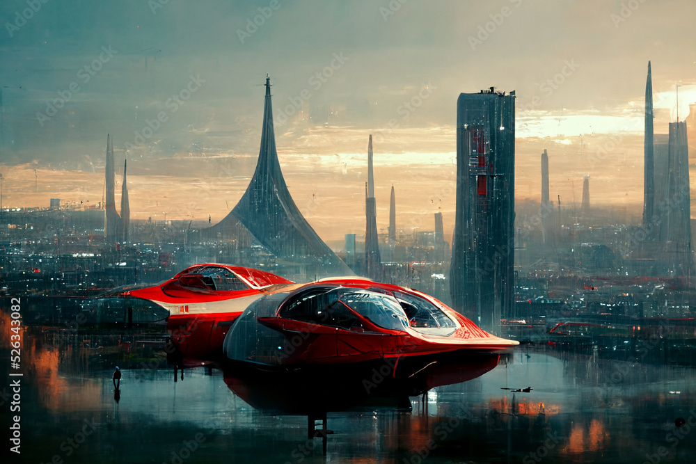 red flying car in the futuristic city on alien planet, 3d rendering and ...