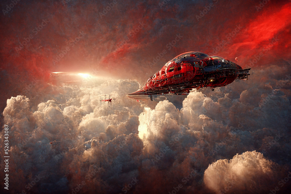 red flying car in the futuristic city on alien planet, 3d rendering and ...