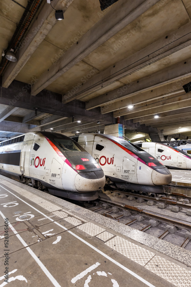 TGV Duplex high-speed trains of SNCF at Gare Paris Montparnasse railway ...