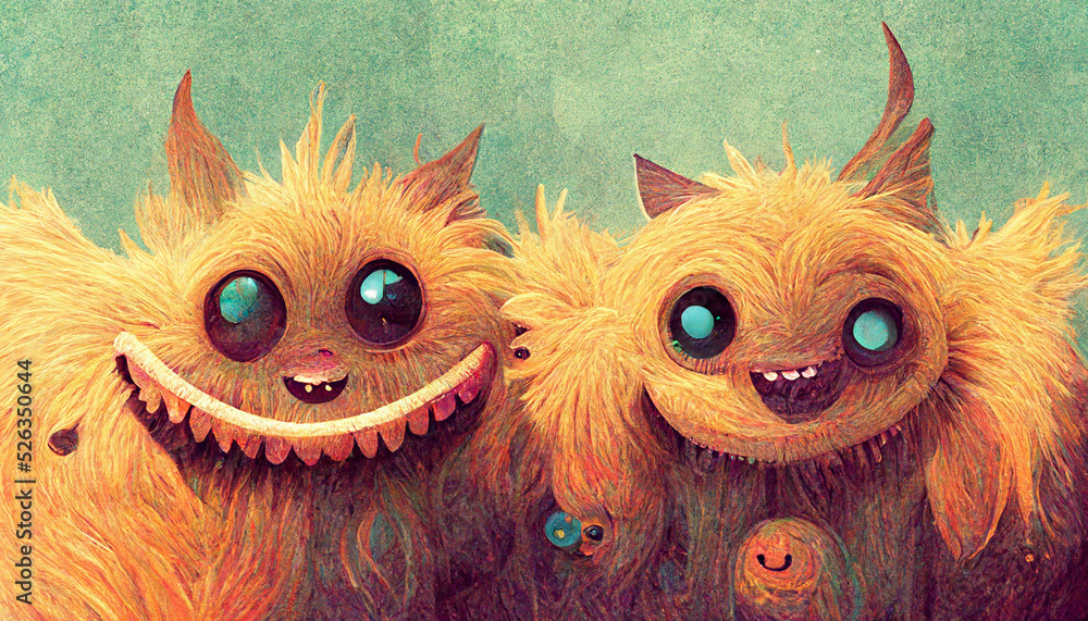 Cute furry smiling monsters, children's hand drawn illustration Stock ...