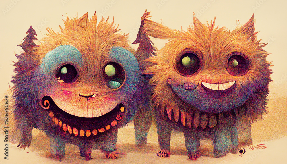 Cute furry smiling monsters, children's hand drawn illustration Stock ...