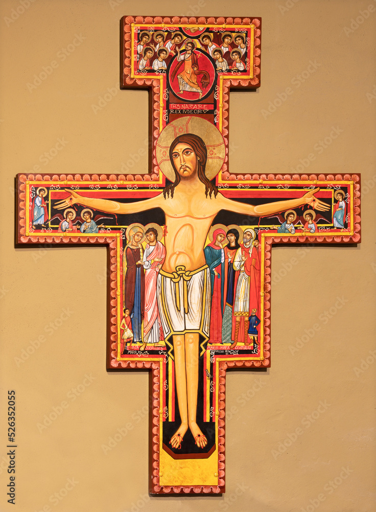 VARALLO, ITALY - JULY 17, 2022: The icon of Jesus on the cross in the ...
