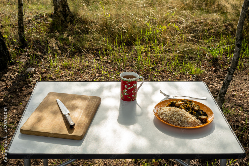 Outdoor tourist table with homemade meal. Potato and mustard greens ...