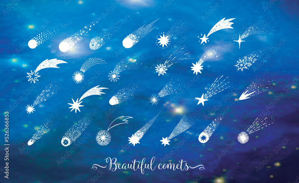 Collection of doodle comets, meteorites and shooting stars on blurred ...