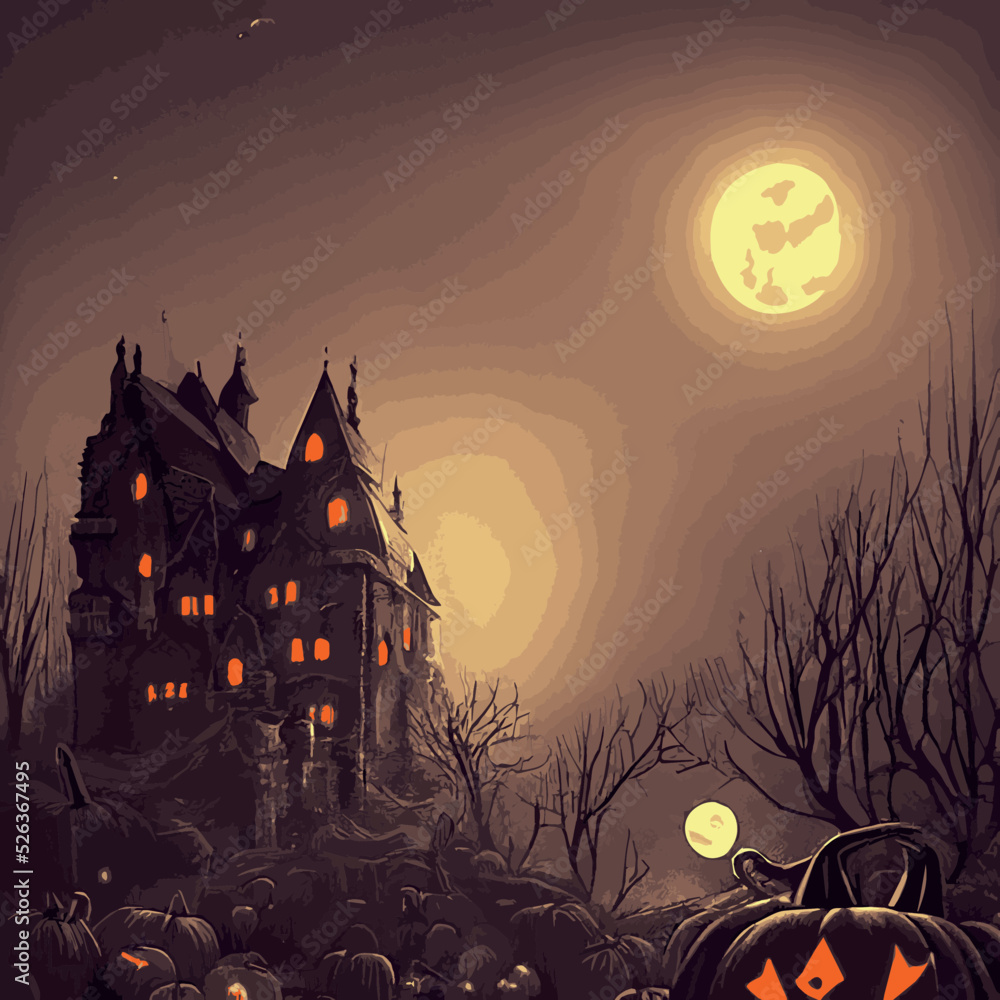 Halloween spooky graveyard flat vector background. Scary haunted house ...