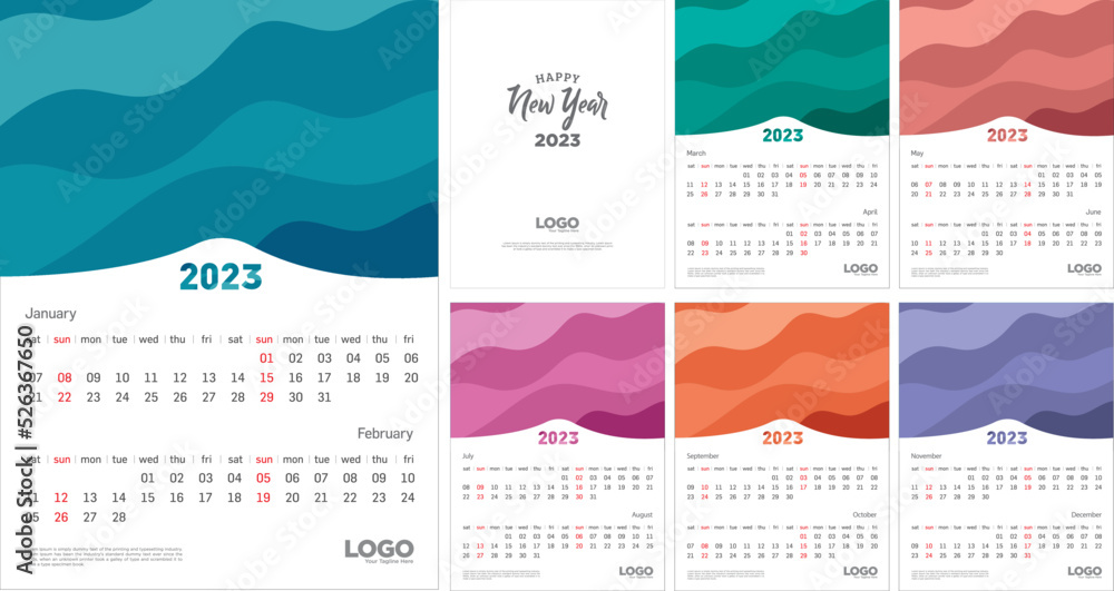 2023 Calendar template Design. Colorful 6 pages wall calendar design ...