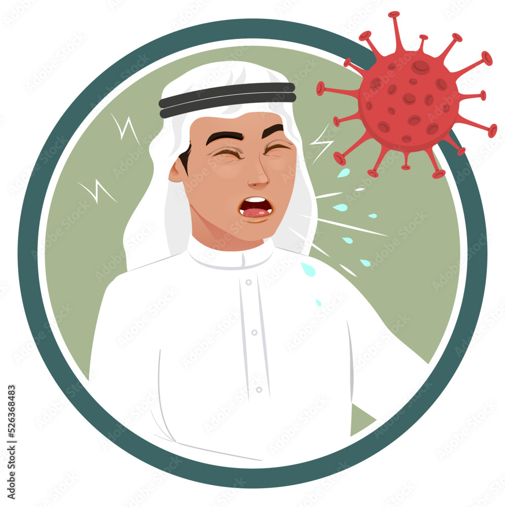 Arab man coughing or sneezing. Saudi muslim boy infected by corona ...