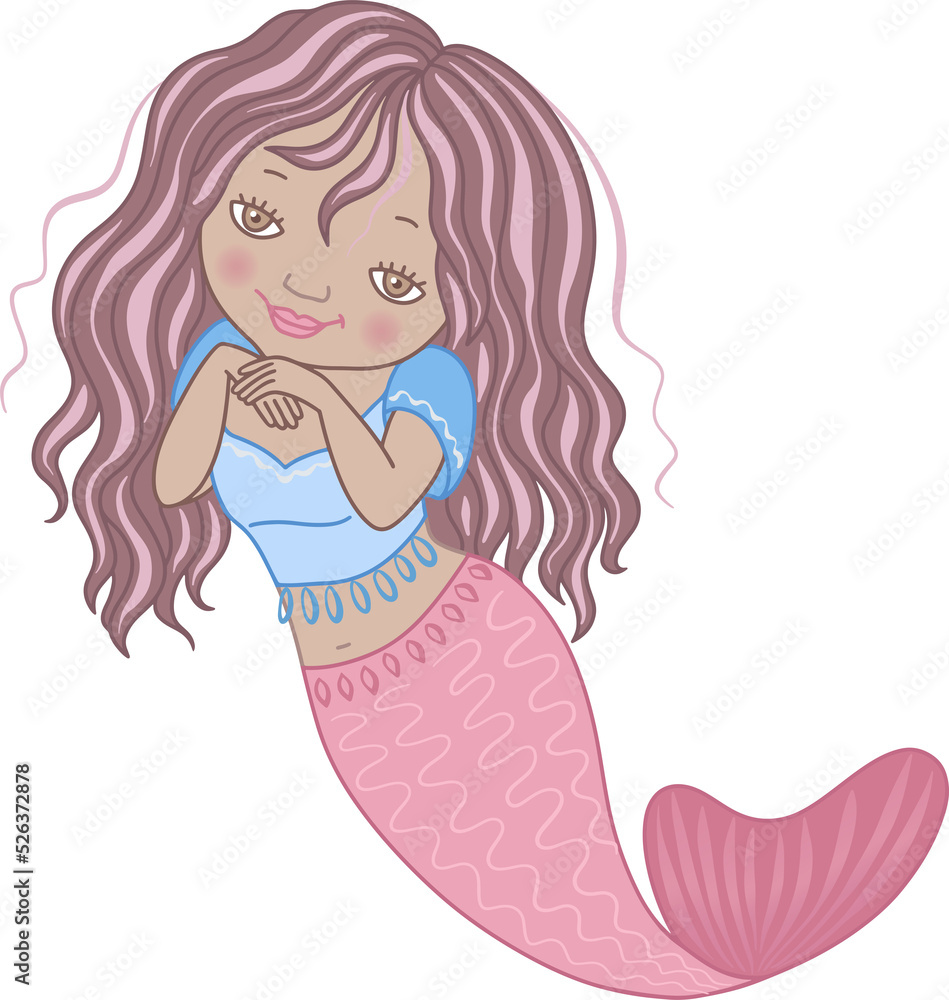 Cute water nymph with brown hair. Mermaid in cartoon style. Stock ...