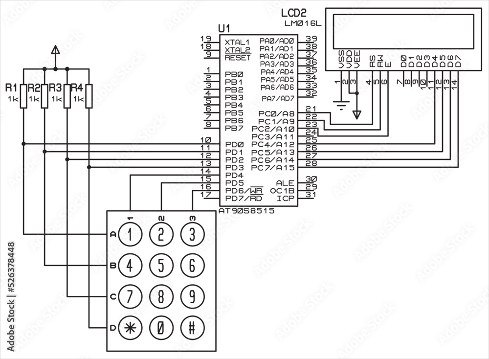 The vector electrical schematic diagram of a digital information output device, operating under ...