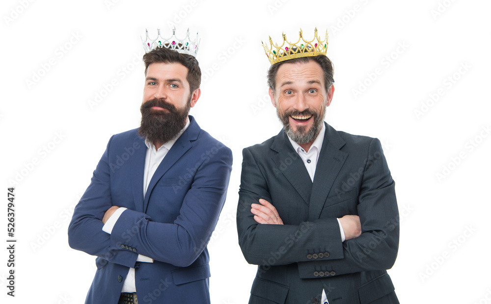 Elite community. Royal benefits club. Men wear crowns. Businessmen ...